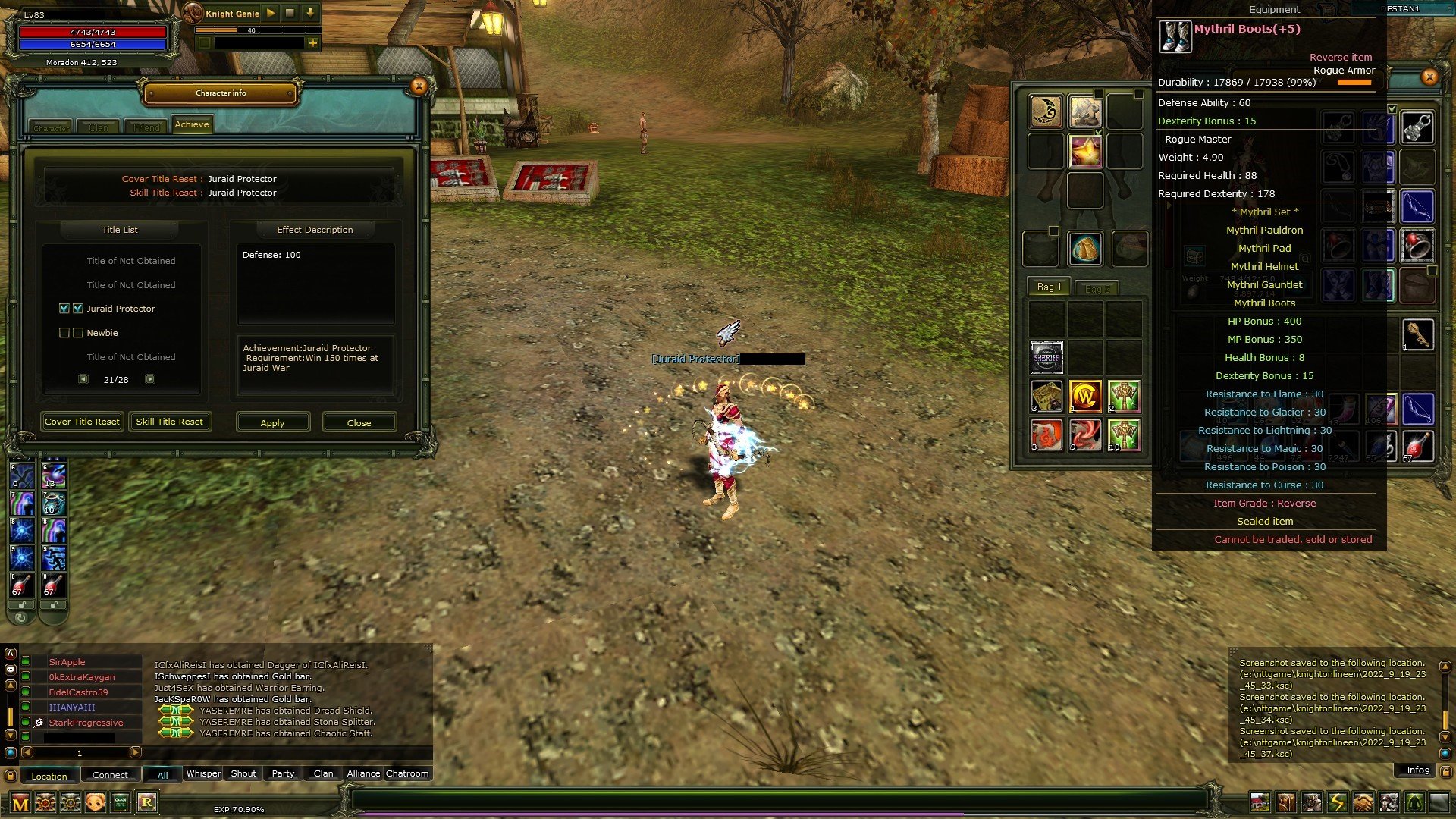 Knight Online Destan 83/1 OKÇU 100 DEF, 2x7 BOW, MYTHRIL SET, GOLD STA